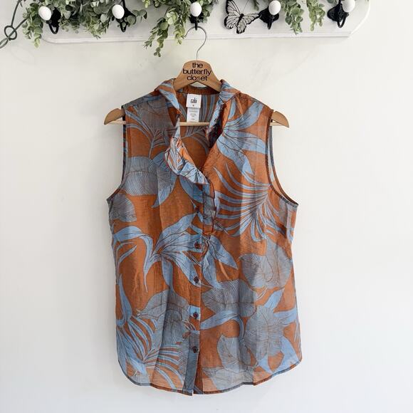 CAbi | Tops | Cabi Tropical Top Semisheer Ruffled Buttoned Sleeveless ...